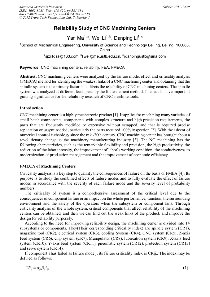 Reliability Study of CNC Machining Centers | Scientific.Net