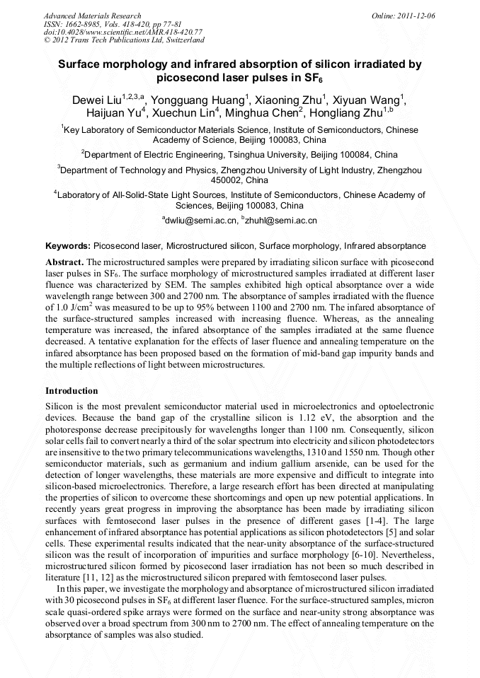 Surface Morphology and Infrared Absorption of Silicon Irradiated by ...