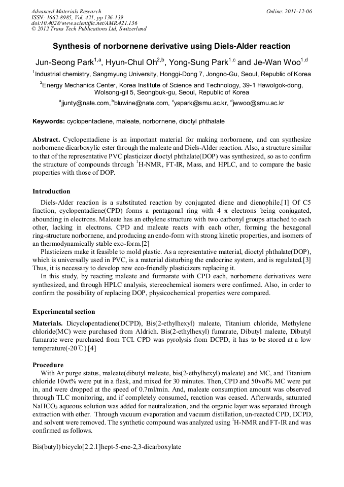 Synthesis of Norbornene Derivative Using Diels-Alder Reaction ...