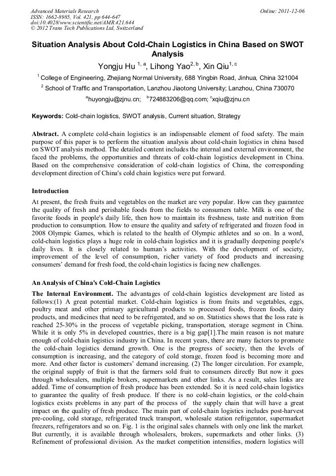 Situation Analysis about Cold-Chain Logistics in China Based on SWOT ...