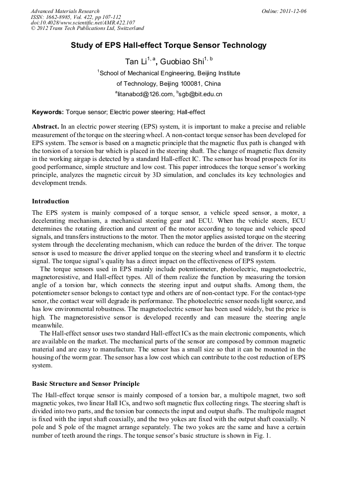 Study of EPS Hall-Effect Torque Sensor Technology | Scientific.Net