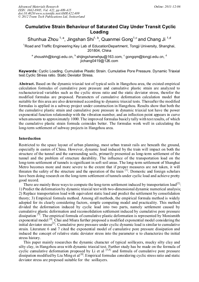 Cumulative Strain Behaviour of Saturated Clay Under Transit Cyclic ...