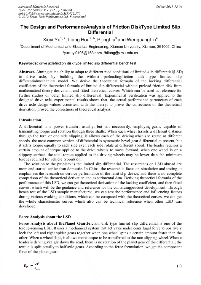 The Design and Performance Analysis of Friction Disk Type Limited Slip ...