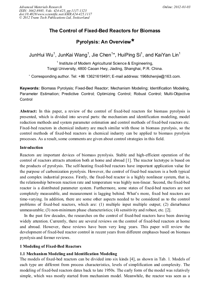 The Control of Fixed-Bed Reactors for Biomass Pyrolysis: An Overview ...
