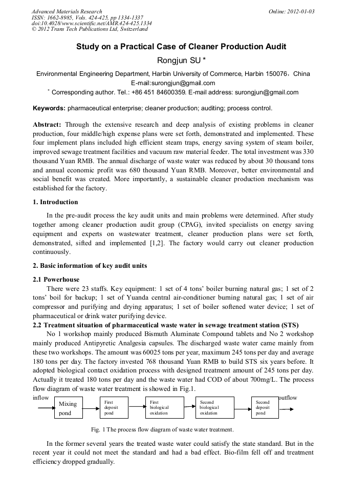 Study on a Practical Case of Cleaner Production Audit | Scientific.Net