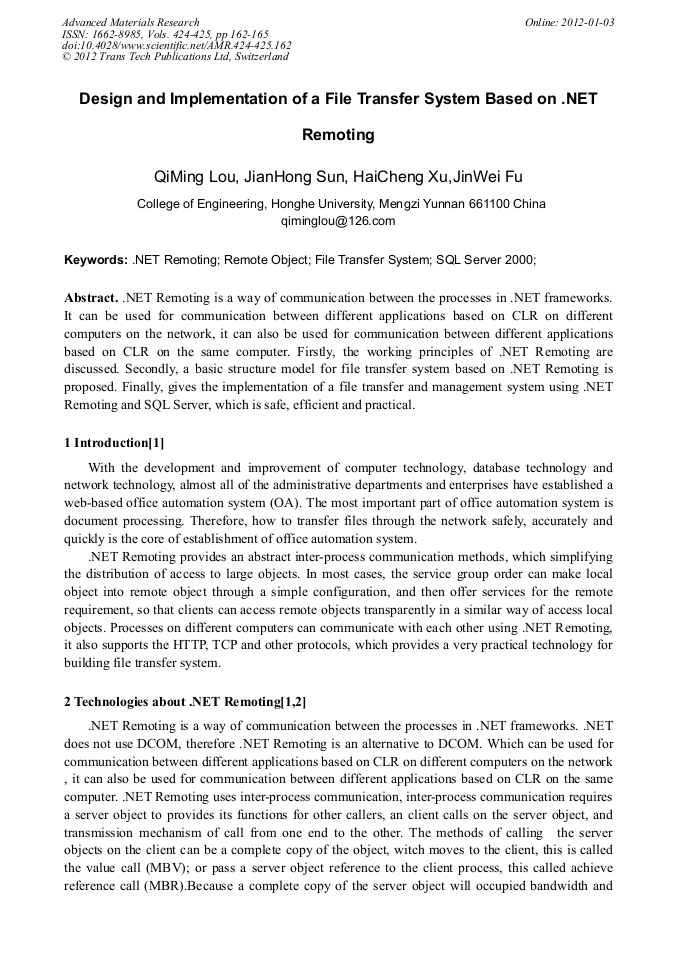 Design and Implementation of a File Transfer System Based on .NET Remoting | Scientific.Net