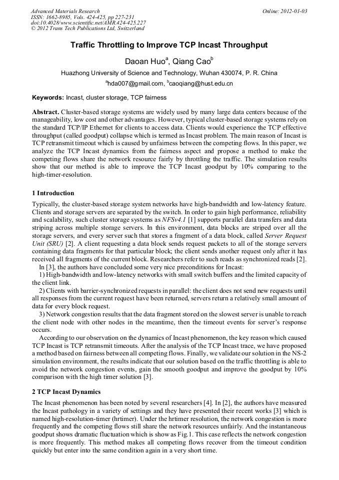 Traffic Throttling to Improve TCP Incast Throughput | Scientific.Net