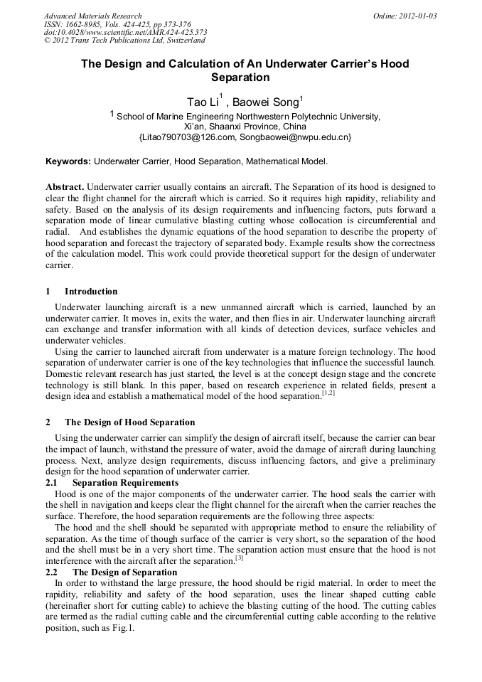 The Design and Calculation of an Underwater Carrier’s Hood Separation ...