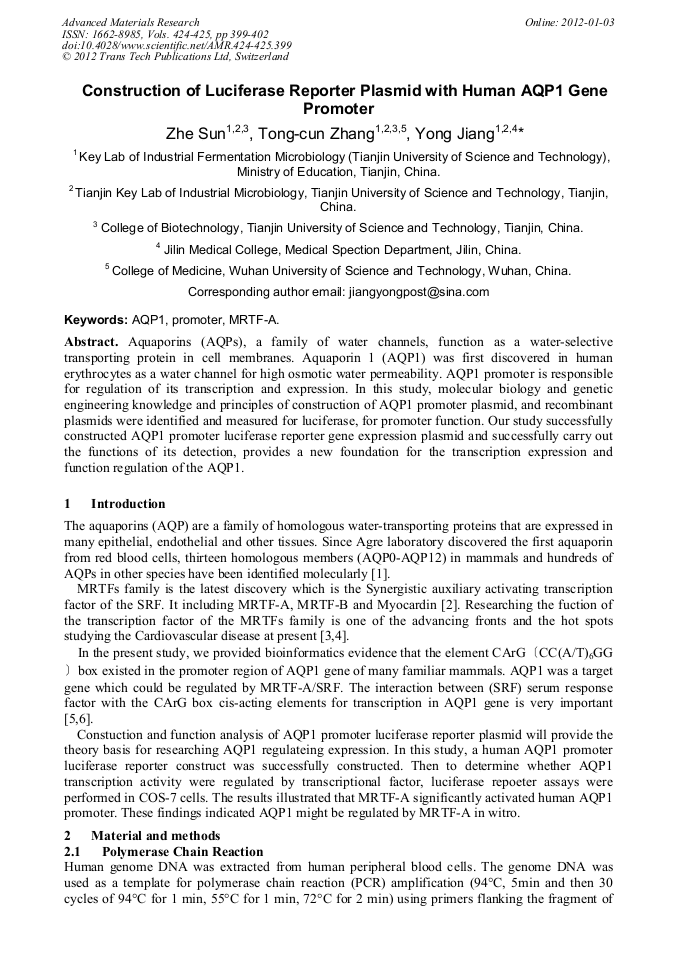 Construction of Luciferase Reporter Plasmid with Human AQP1 Gene ...