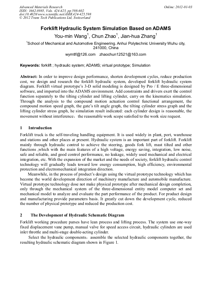 Forklift Hydraulic System Simulation Based on ADAMS | Scientific.Net
