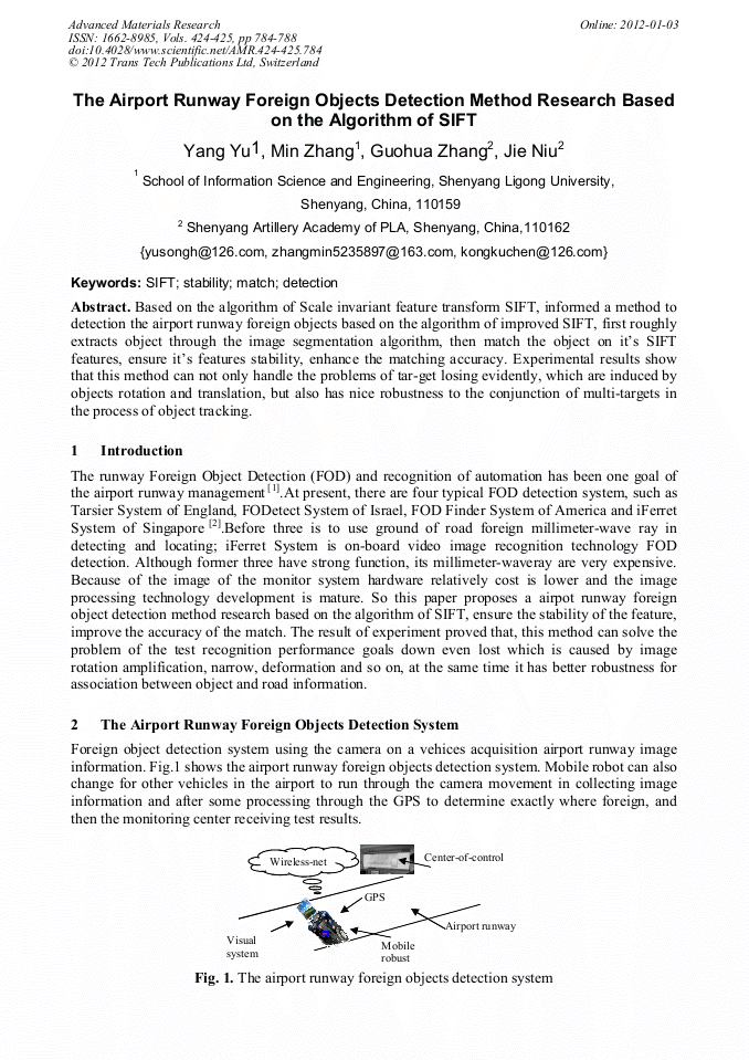 The Airport Runway Foreign Objects Detection Method Research Based on the Algorithm of SIFT ...