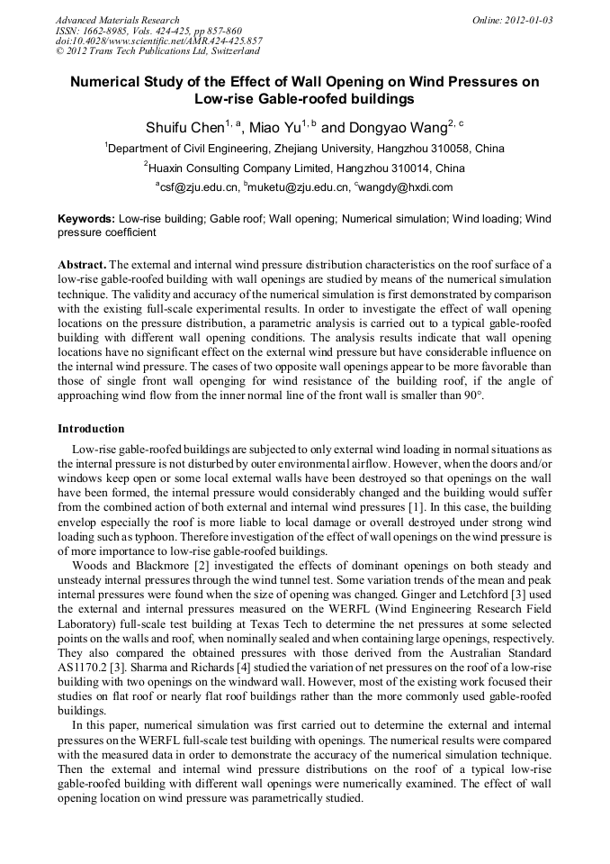 Numerical Study of the Effect of Wall Opening on Wind Pressures on Low ...