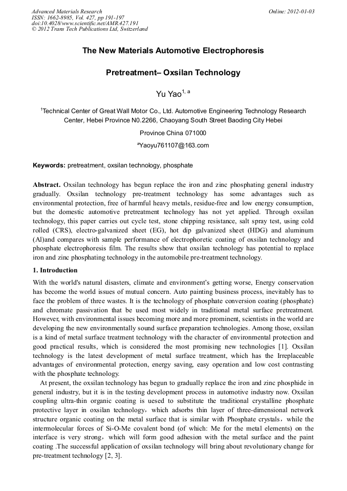 The New Materials Automotive Electrophoresis Pretreatment - Oxsilan ...