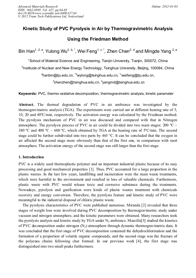 Kinetic Study of PVC Pyrolysis in Air by Thermogravimetric Analysis ...