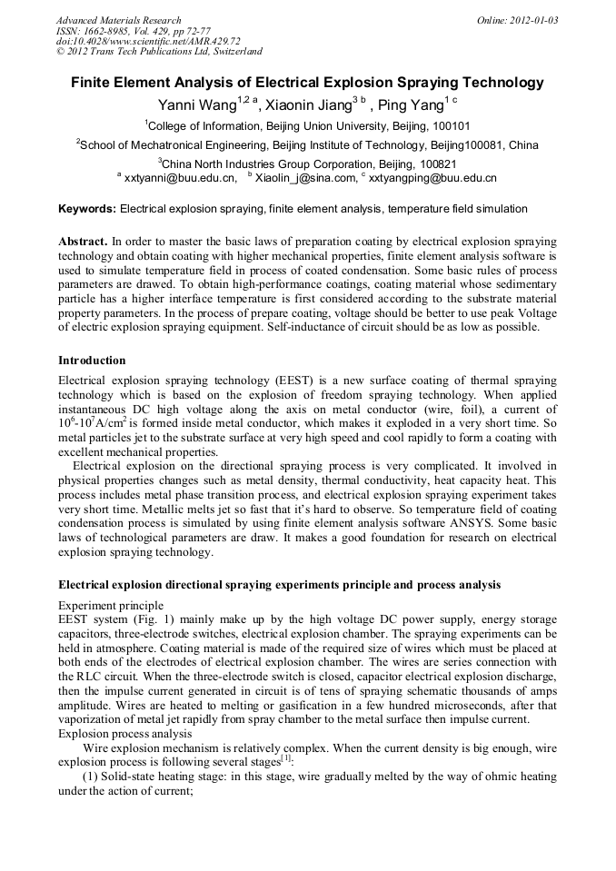 Finite Element Analysis of Electrical Explosion Spraying Technology ...