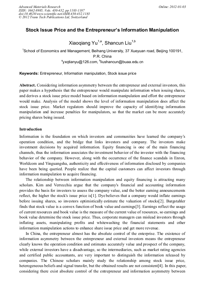 Stock Issue Price And The Entrepreneur s Information Manipulation Stock Issue Price And The Entrepreneur s Information Manipulation