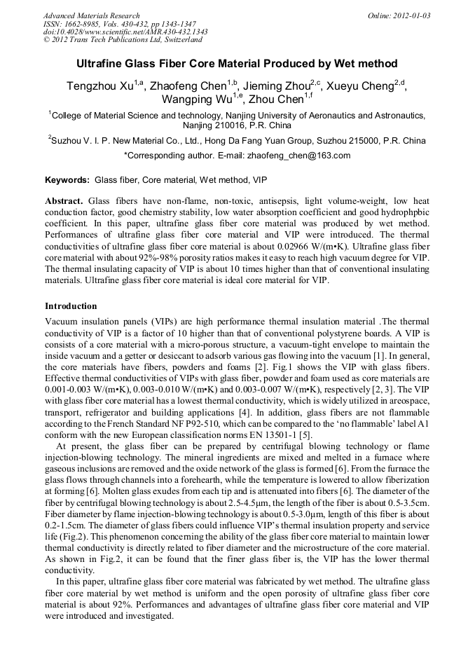 Ultrafine Glass Fiber Core Material Produced by Wet Method | Scientific.Net