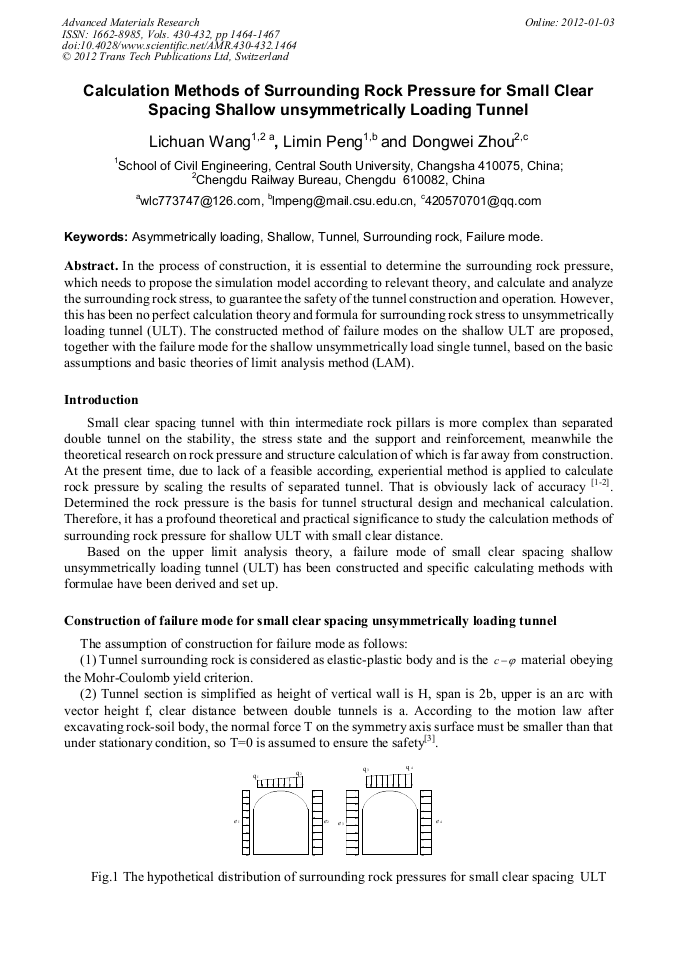 Calculation Methods of Surrounding Rock Pressure for Small Clear ...