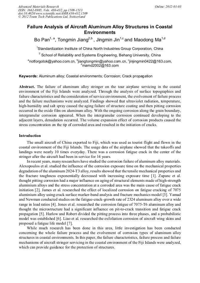 Failure Analysis of Aircraft Aluminum Alloy Structures in Coastal ...