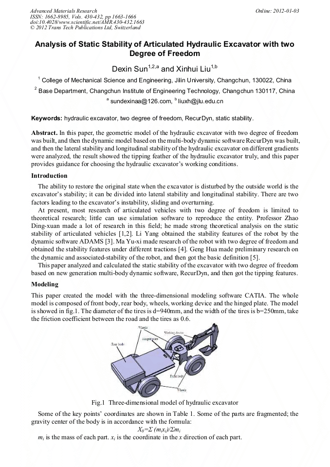 Analysis of Static Stability of Articulated Hydraulic Excavator with ...