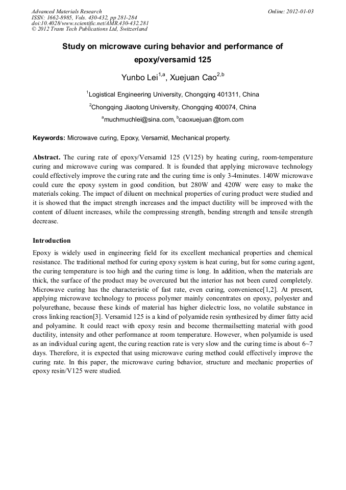 Study on Microwave Curing Behavior and Performance of Epoxy/Versamid ...