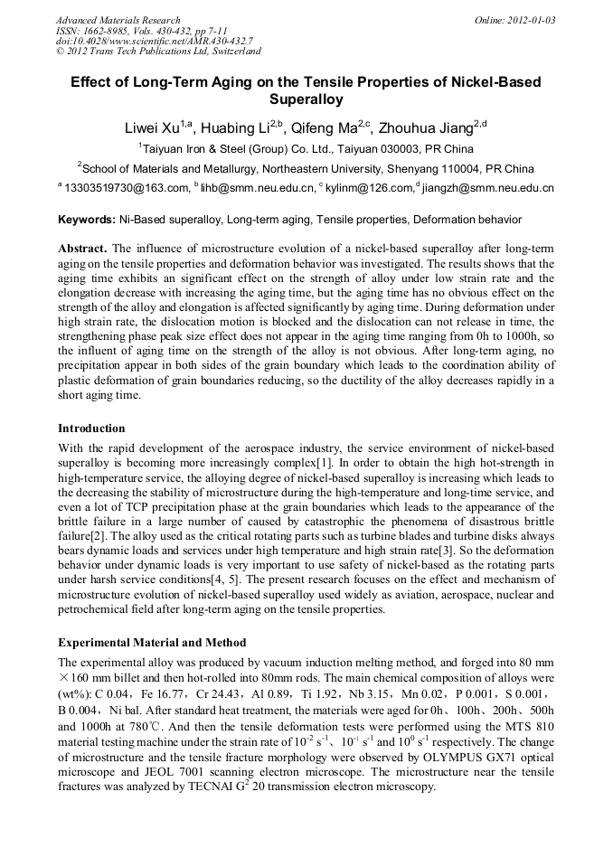 Effect of Long-Term Aging on the Tensile Properties of Nickel-Based ...