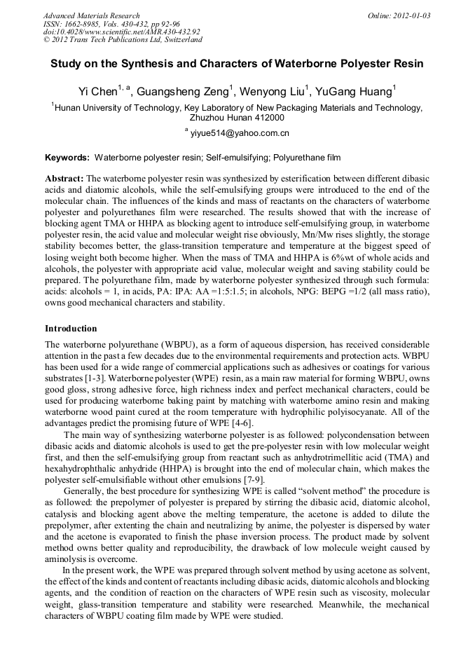 Study on the Synthesis and Characters of Waterborne Polyester Resin ...