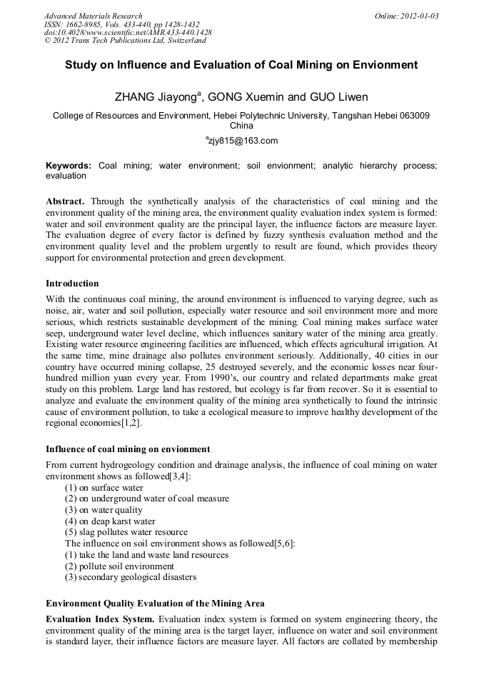 Study on Influence and Evaluation of Coal Mining on Envionment ...