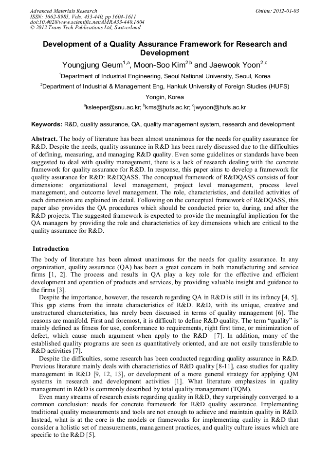 Development of a Quality Assurance Framework for Research and ...