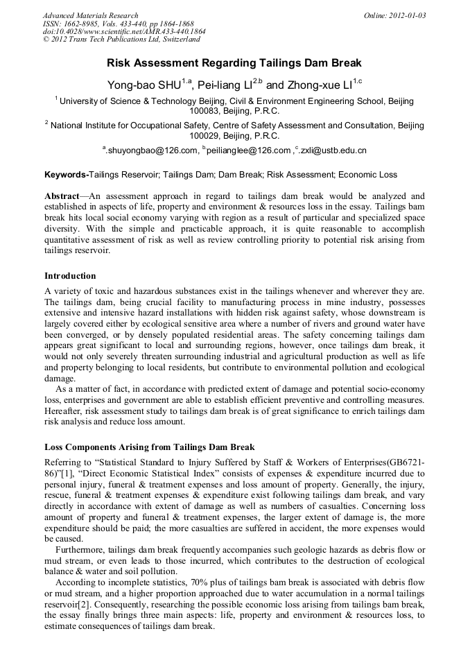 Risk Assessment Regarding Tailings Dam Break | Scientific.Net