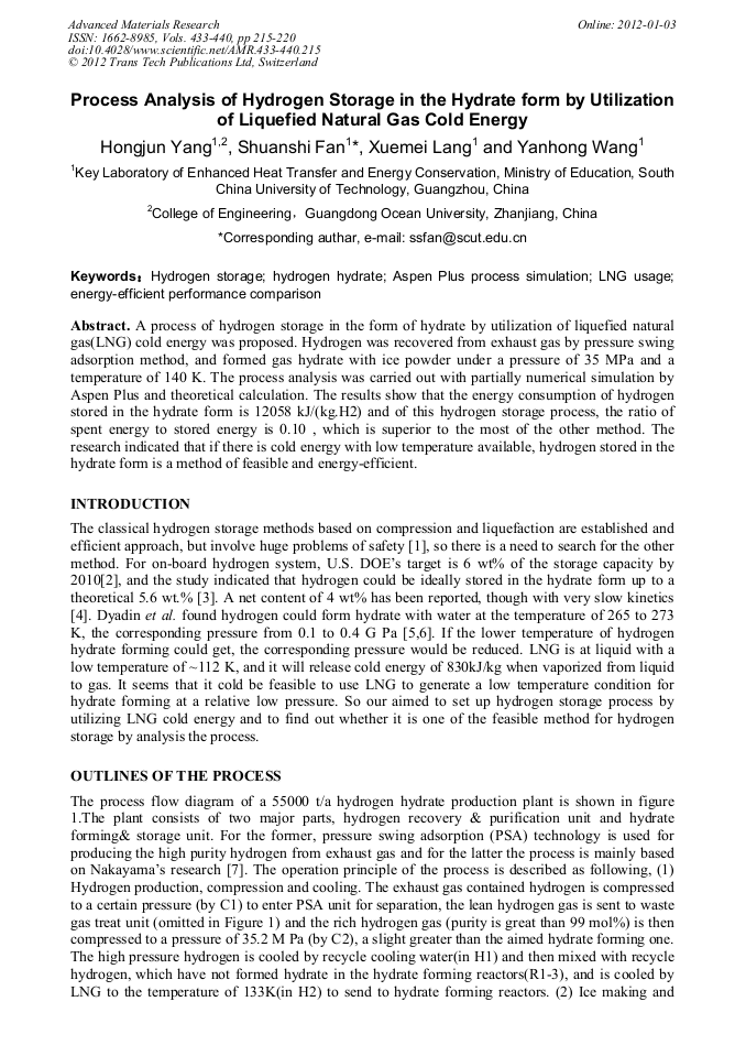 Process Analysis of Hydrogen Storage in the Hydrate Form by Utilization ...