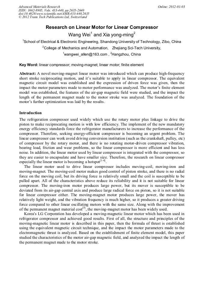 Research on Linear Motor for Linear Compressor | Scientific.Net