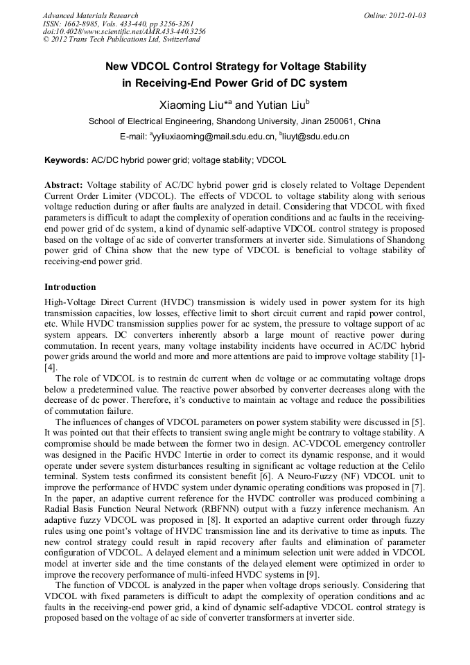 New VDCOL Control Strategy for Voltage Stability in Receiving-End Power ...