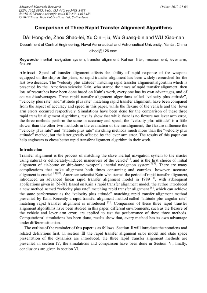 Comparison of Three Rapid Transfer Alignment Algorithms | Scientific.Net