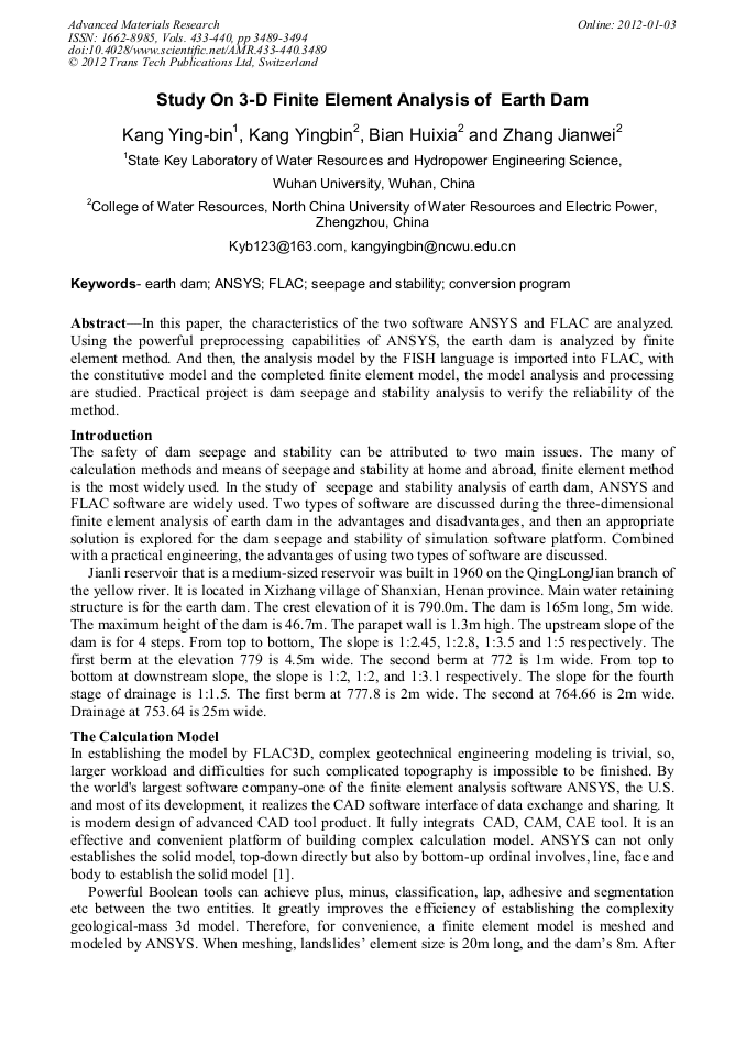 Study on 3-D Finite Element Analysis of Earth Dam | Scientific.Net