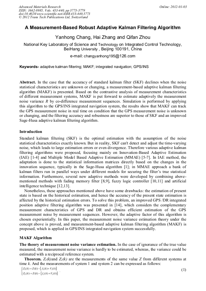 A Measurement Based Robust Adaptive Kalman Filtering Algorithm Scientificnet