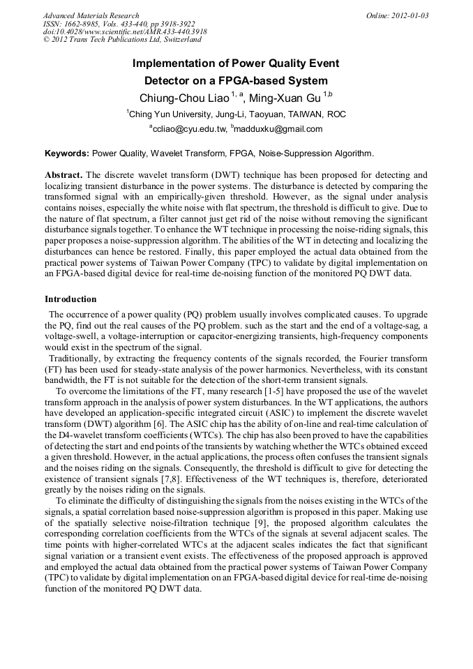 Implementation Of Power Quality Event Detector On A Fpga Based System Scientificnet