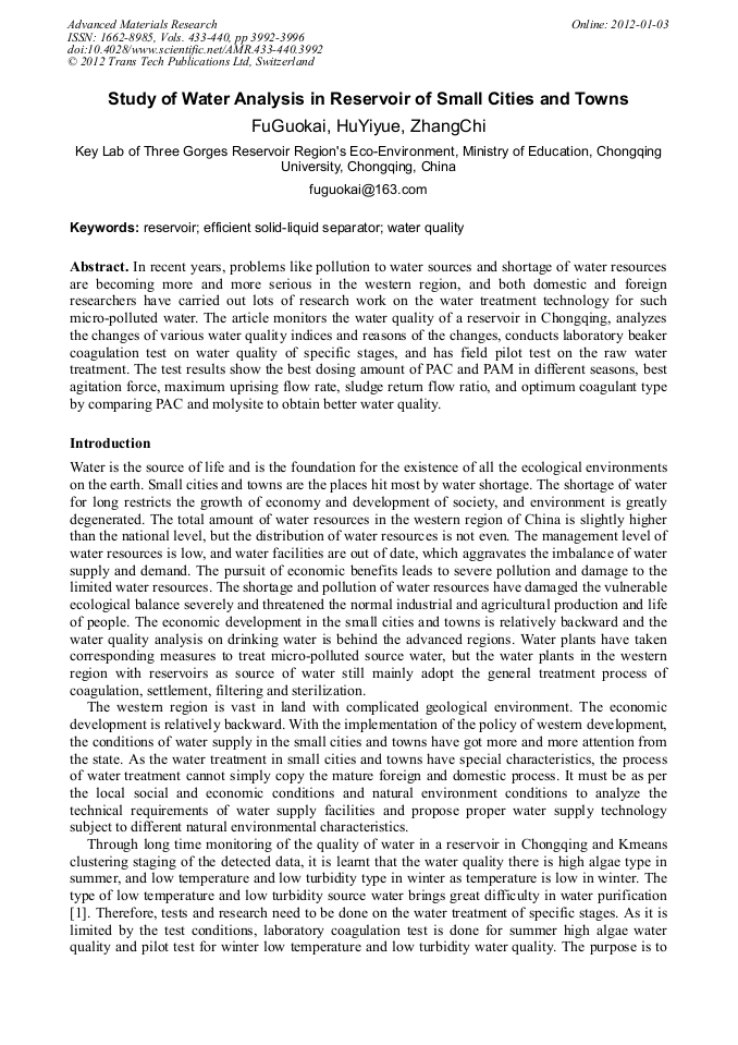 Study of Water Analysis in Reservoir of Small Cities and Towns ...