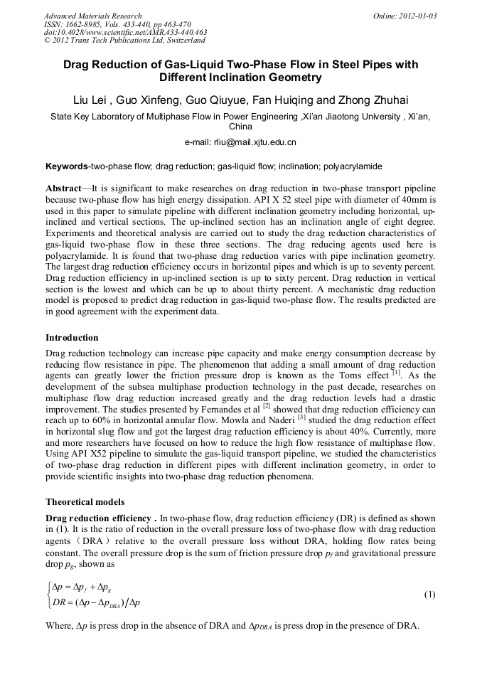 Drag Reduction of Gas-Liquid Two-Phase Flow in Steel Pipes with ...