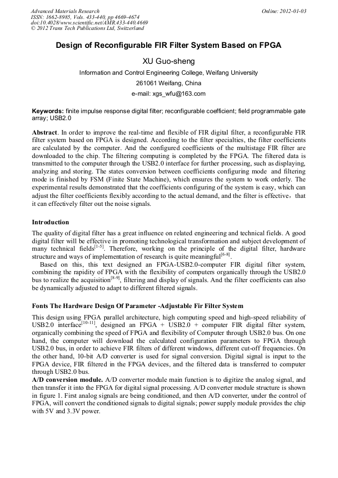 Design of Reconfigurable FIR Filter System Based on FPGA | Scientific.Net