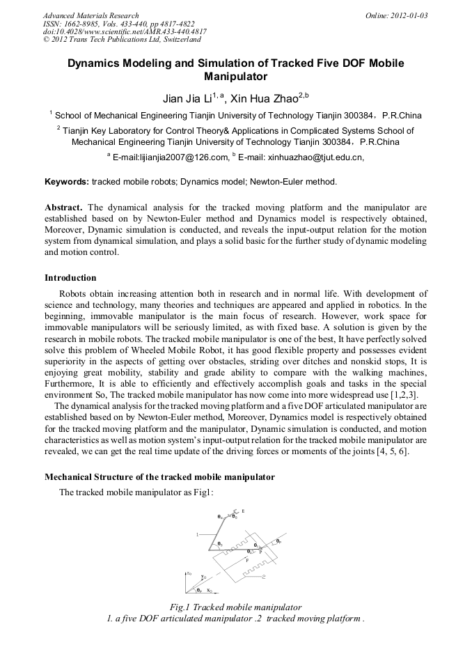 Dynamics Modeling and Simulation of Tracked Five DOF Mobile Manipulator ...