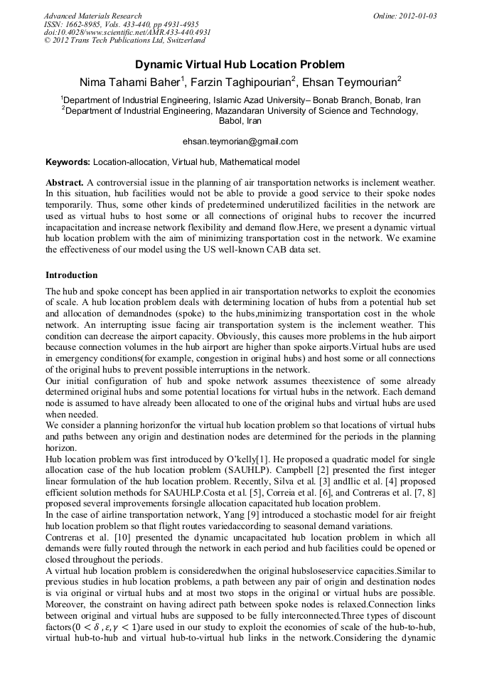 Dynamic Virtual Hub Location Problem | Scientific.Net