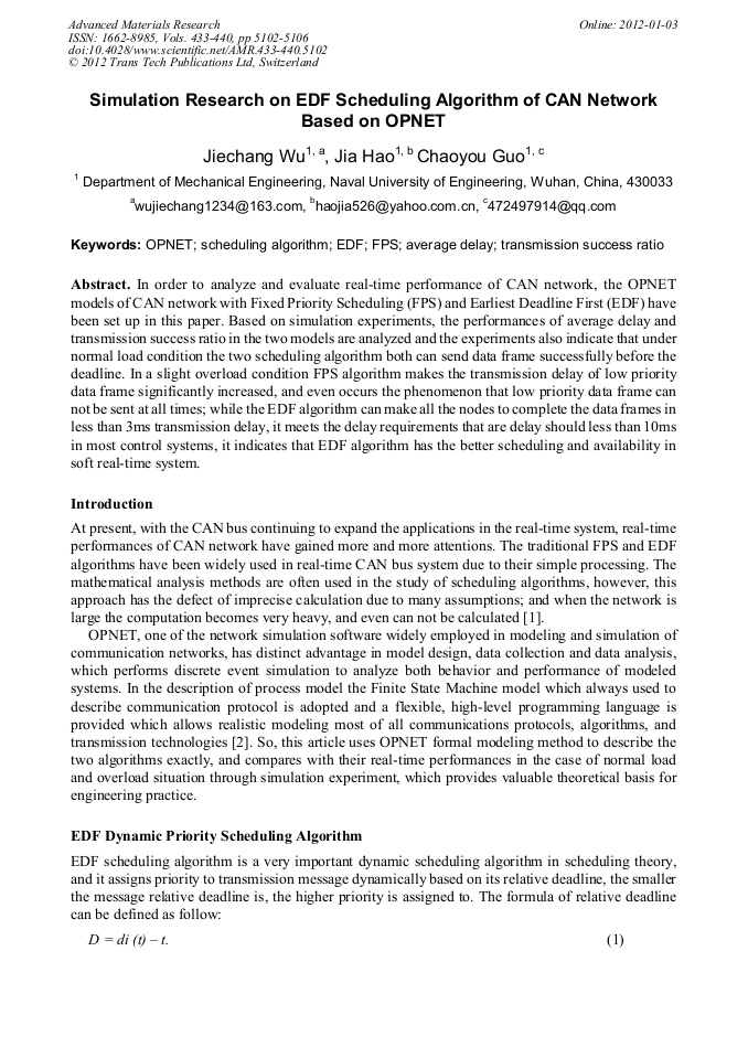 Simulation Research on EDF Scheduling Algorithm of CAN Network Based on ...