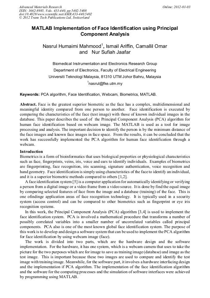 MATLAB Implementation of Face Identification Using Principal Component ...