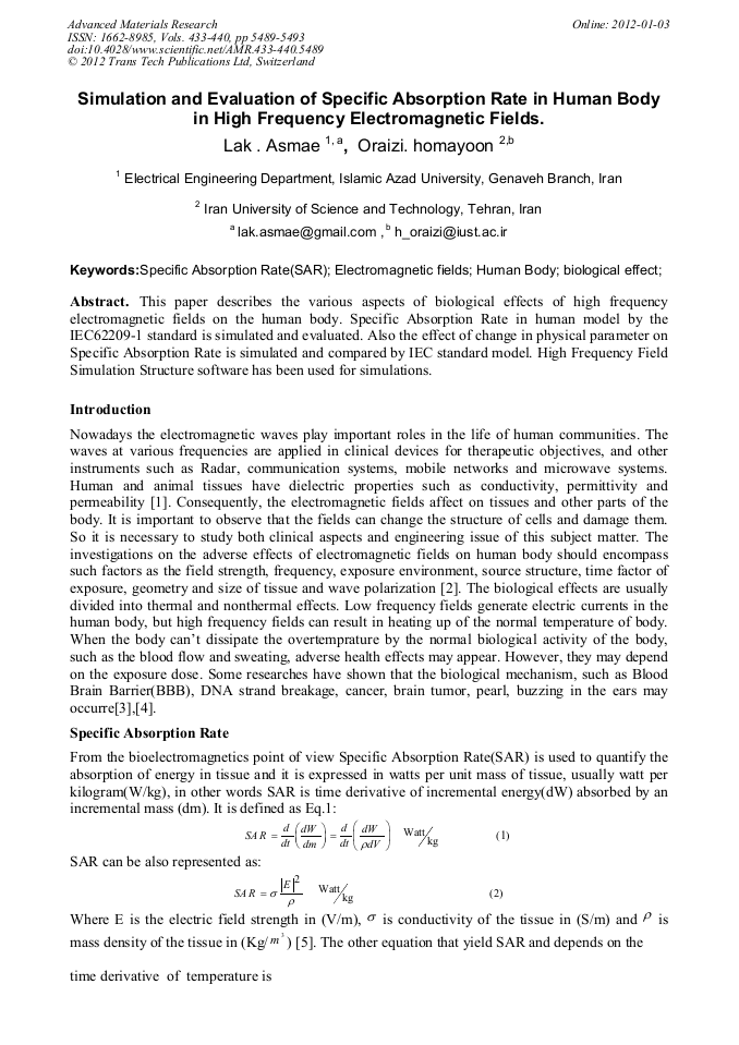Simulation and Evaluation of Specific Absorption Rate in Human Body in ...