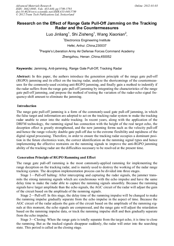 Research on the Effect of Range Gate Pull-Off Jamming on the Tracking ...
