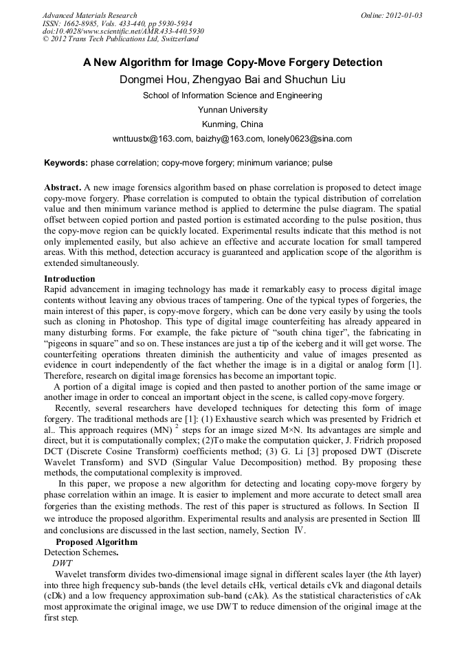 A New Algorithm for Image Copy-Move Forgery Detection | Scientific.Net