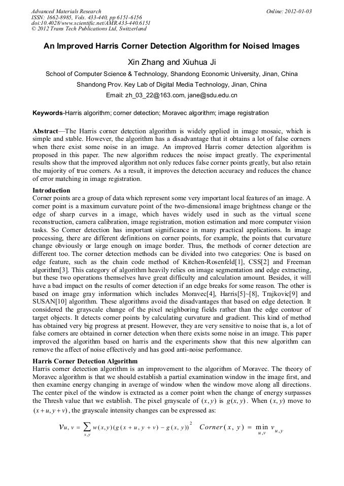An Improved Harris Corner Detection Algorithm for Noised Images | Scientific.Net