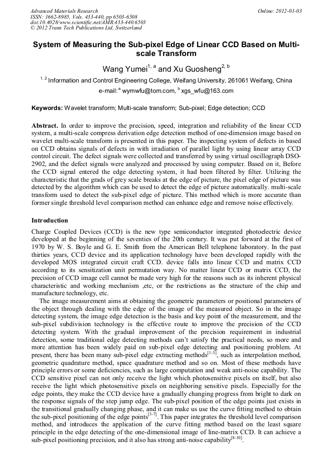 System of Measuring the Sub-Pixel Edge of Linear CCD Based on Multi-Scale Transform | Scientific.Net