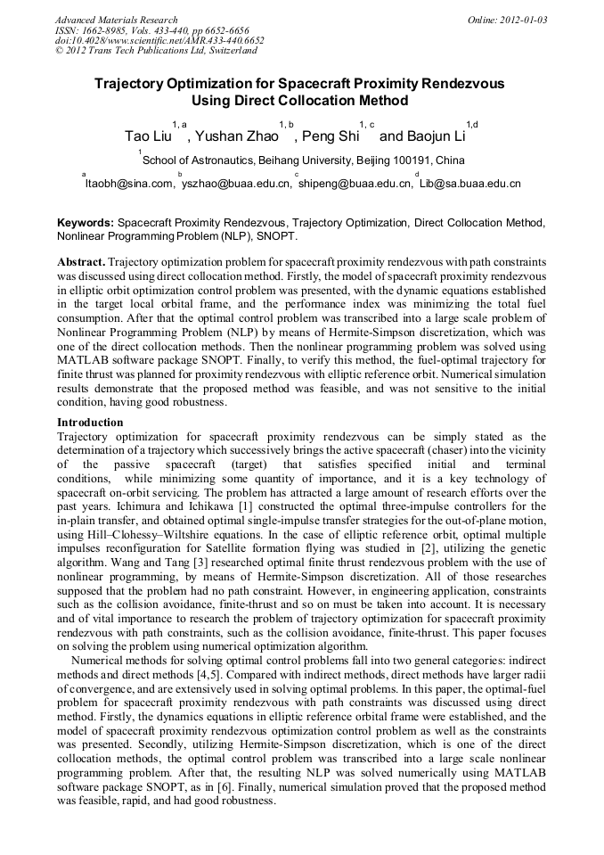 Trajectory Optimization for Spacecraft Proximity Rendezvous Using Direct Collocation Method ...